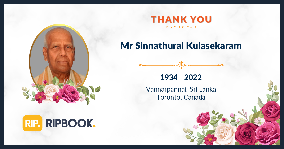 Late Sinnathurai Kulasekaram - Thankyou Message - RIPBook