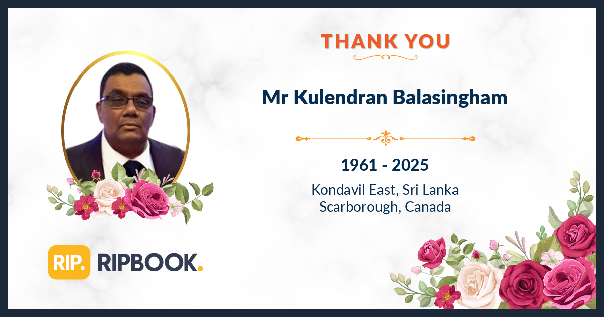 Late Kulendran Balasingham - Thankyou Message - RIPBook